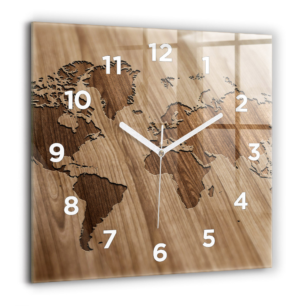 Reloj cuadrado Mapamundi sobre madera - espejomat.es