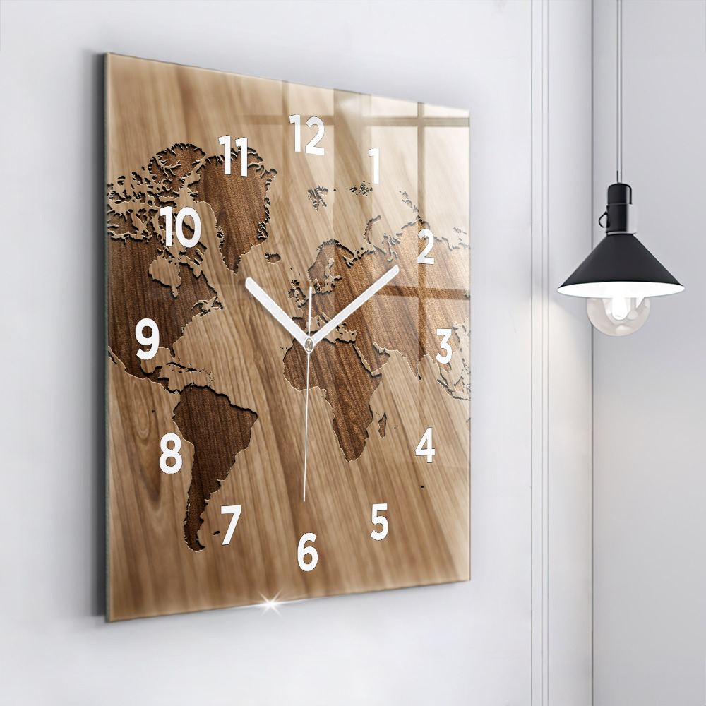 Reloj cuadrado Mapamundi sobre madera - espejomat.es