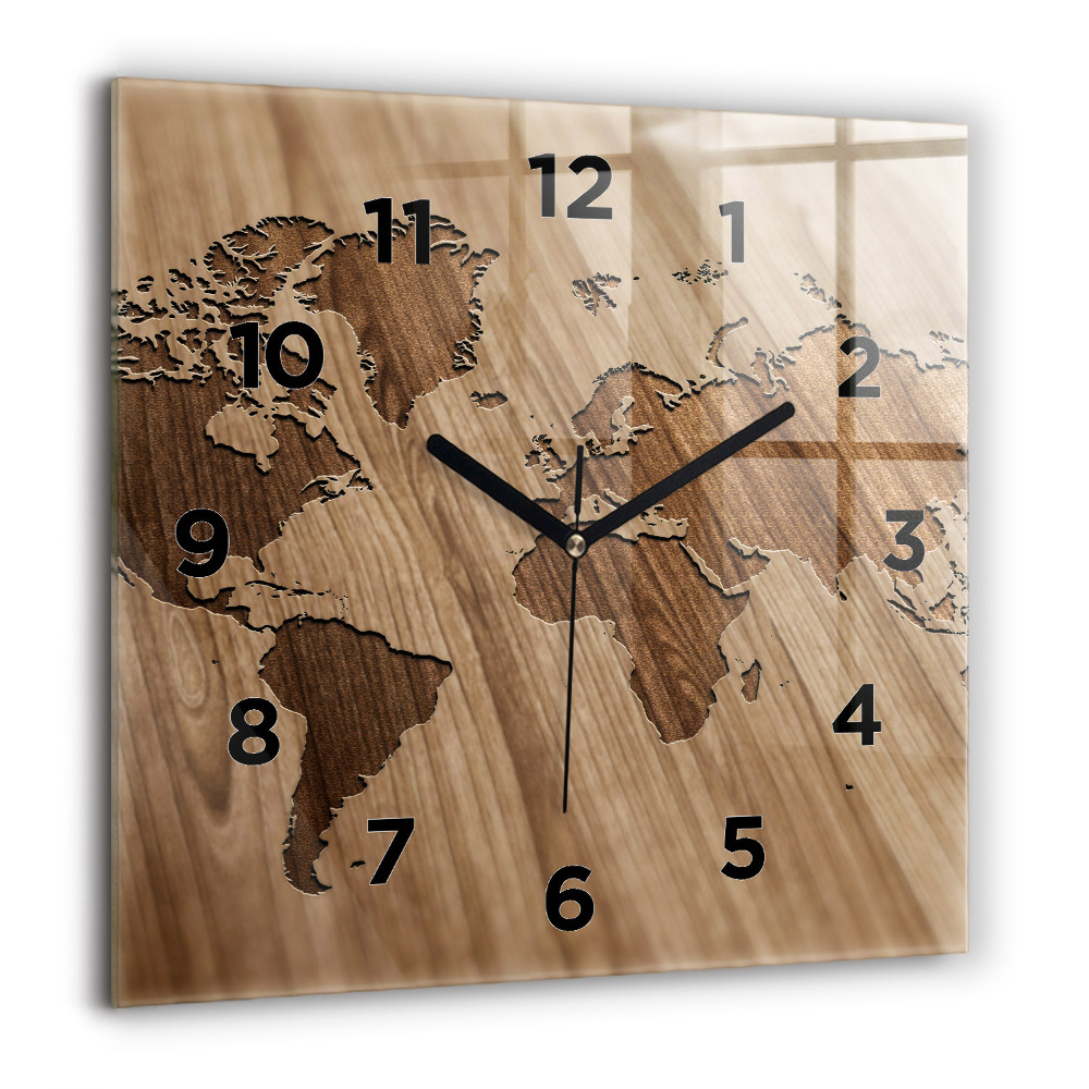 Reloj cuadrado Mapamundi sobre madera - espejomat.es