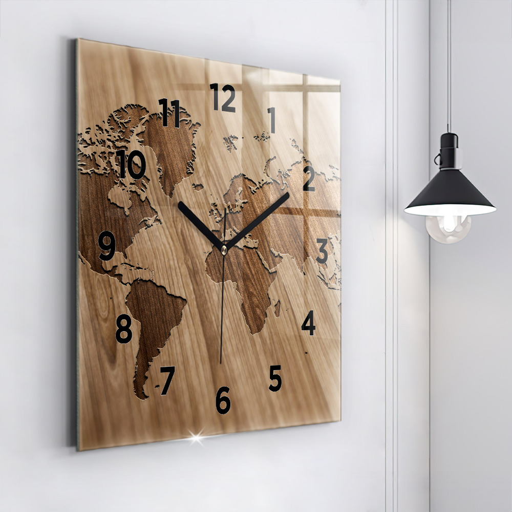 Reloj cuadrado Mapamundi sobre madera - espejomat.es